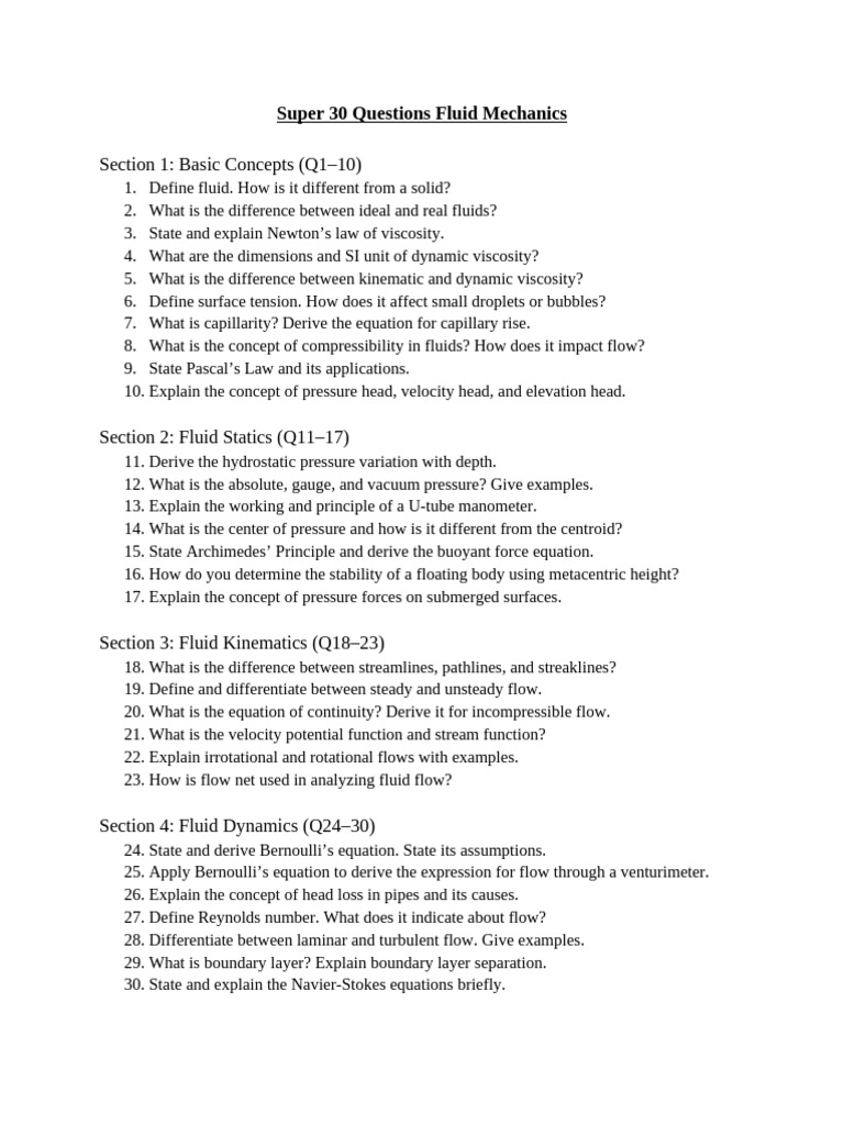 Super 30 Questions Fluid Mechanics | PDF
