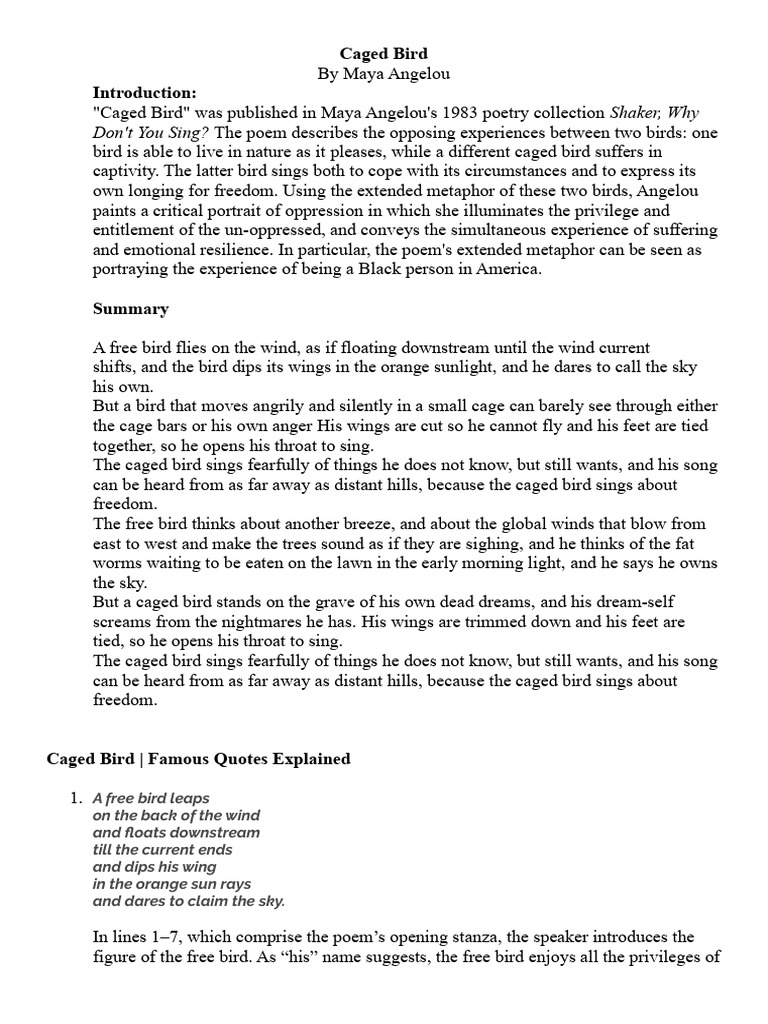 Caged Bird by Maya Angelou | PDF | Maya Angelou | Birds