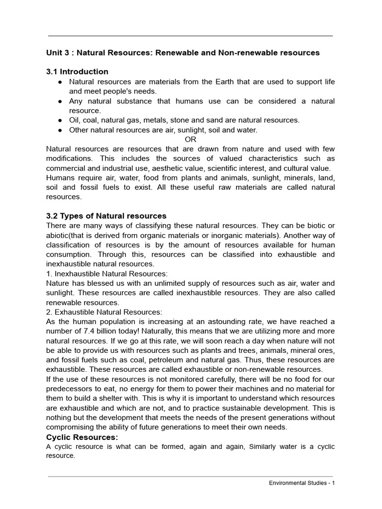 Unit 3 - Natural Resources - Renewable and Non-Renewable Resources | PDF | Deforestation | Flood