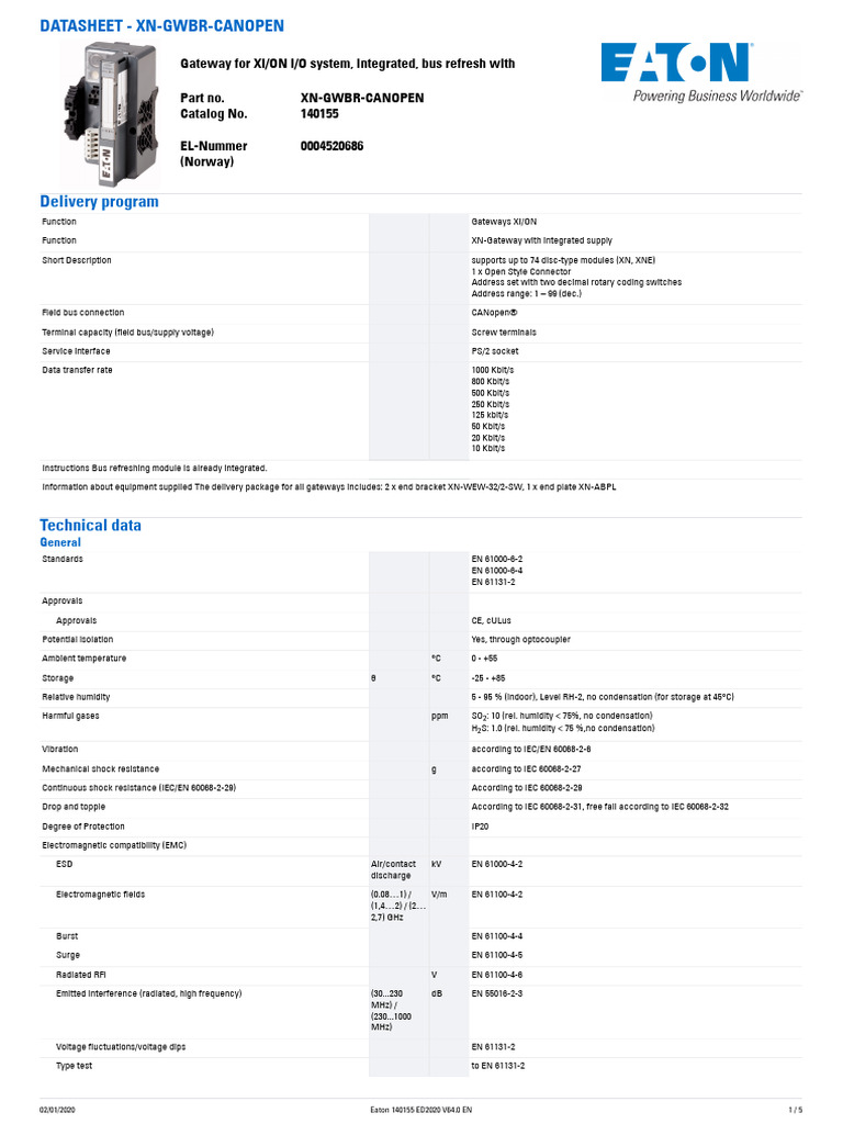 Datasheet XN GWBR Canopen | PDF | Bit Rate | Electrical Engineering