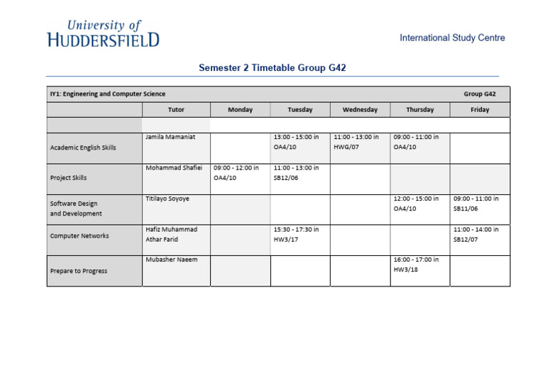 Semester 2 Timetable Group G42: International Study Centre | PDF