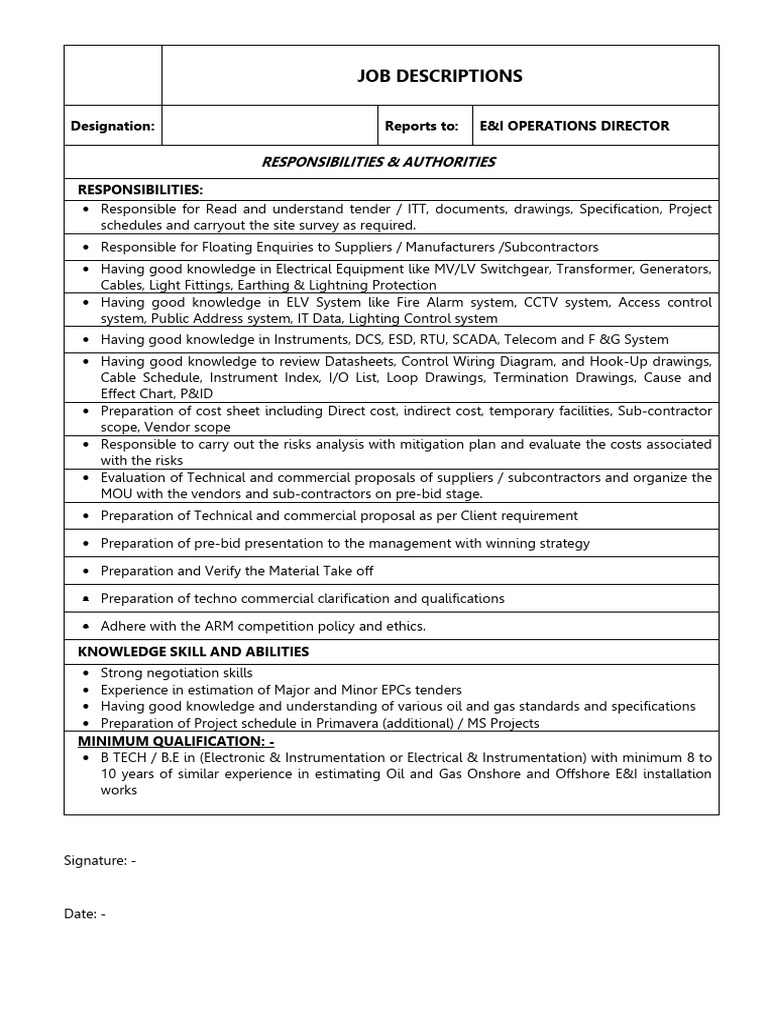 E&I Estimation Engineer Job Overview | PDF