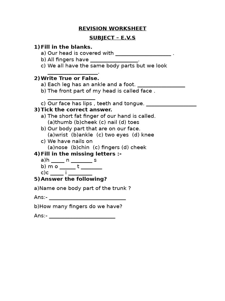 Revision Worksheet Evs 2024 | PDF