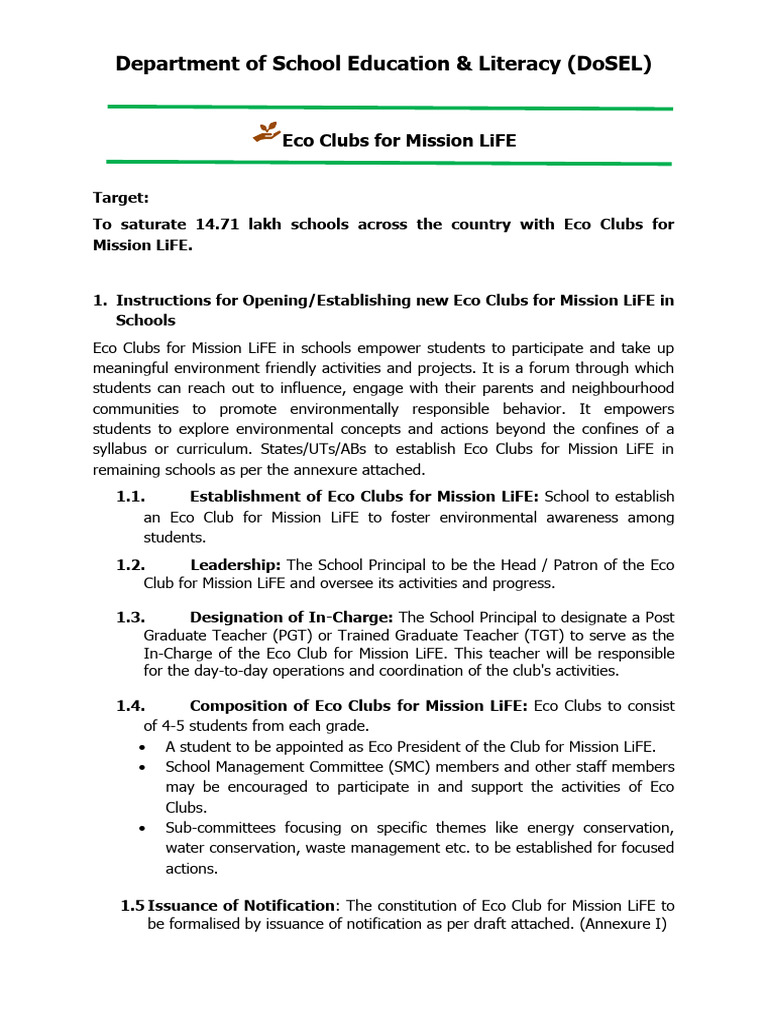 Eco Club Constitution for Mission LiFE | PDF | Sustainability | Waste ...