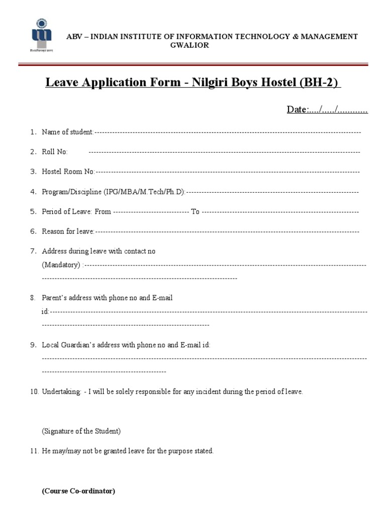 Leave Application Form for Hostel Students | PDF