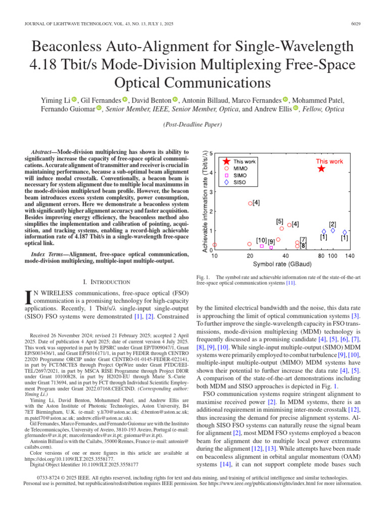 Beaconless Auto-Alignment For Single-Wavelength 4.18 Tbit S Mode-Division Multiplexing Free ...