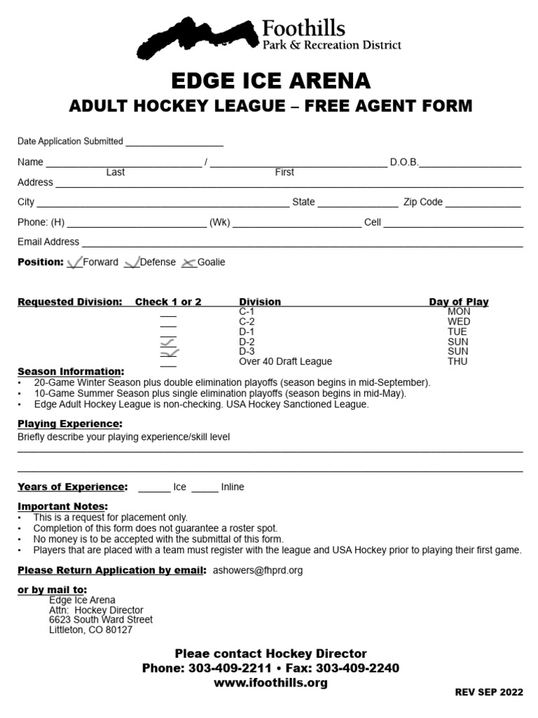 Adult Hockey League Free Agent Form | PDF | Sports