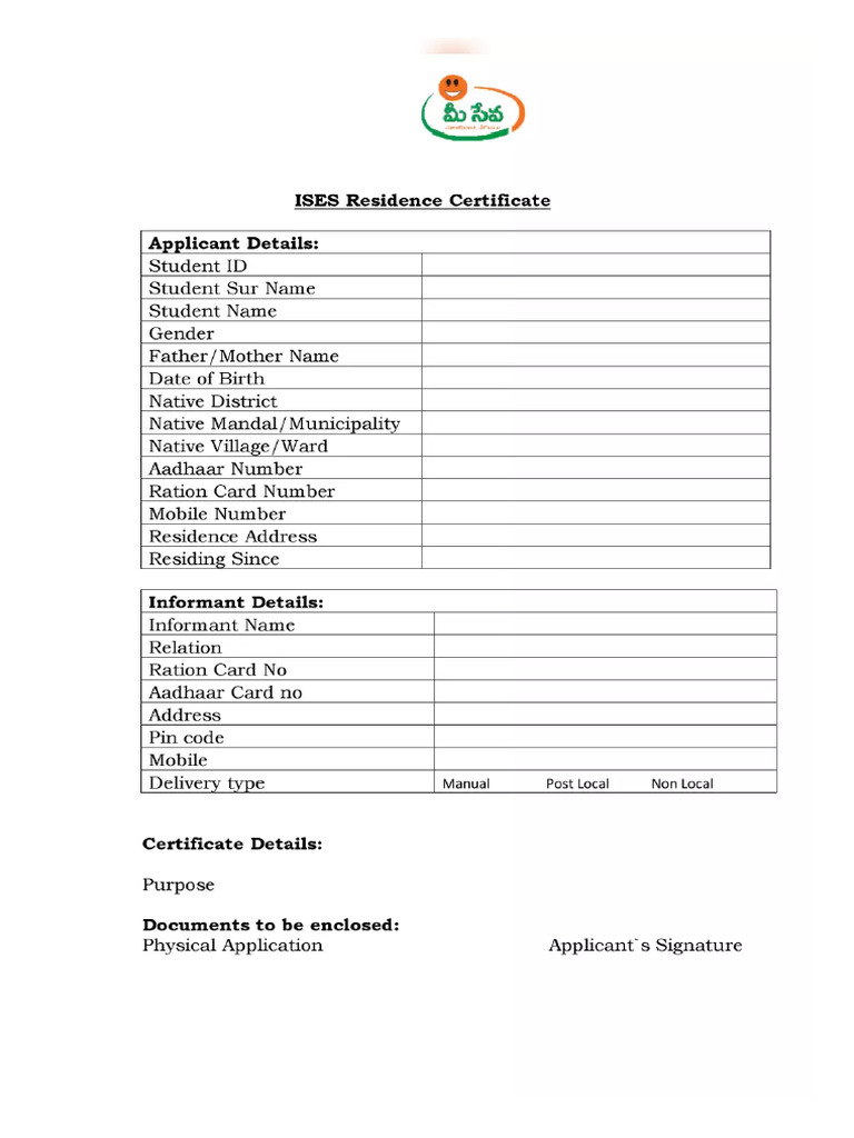 AP Meeseva Ises Residence Certificate Form | PDF