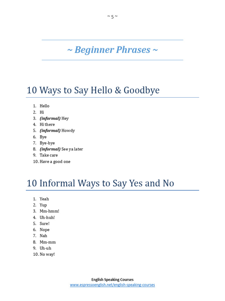 Beginner Phrases : 10 Ways To Say Hello & Goodbye | PDF