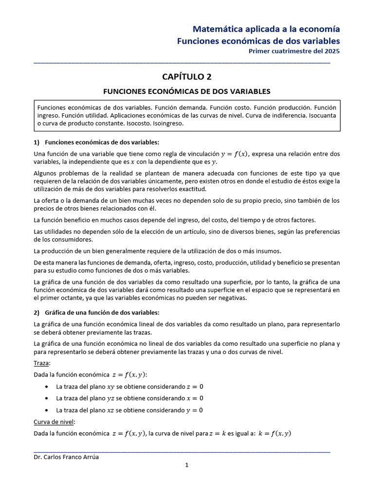 Capítulo 2 Funciones Económicas de Dos Variables | PDF | Variable (Matemáticas) | Función ...
