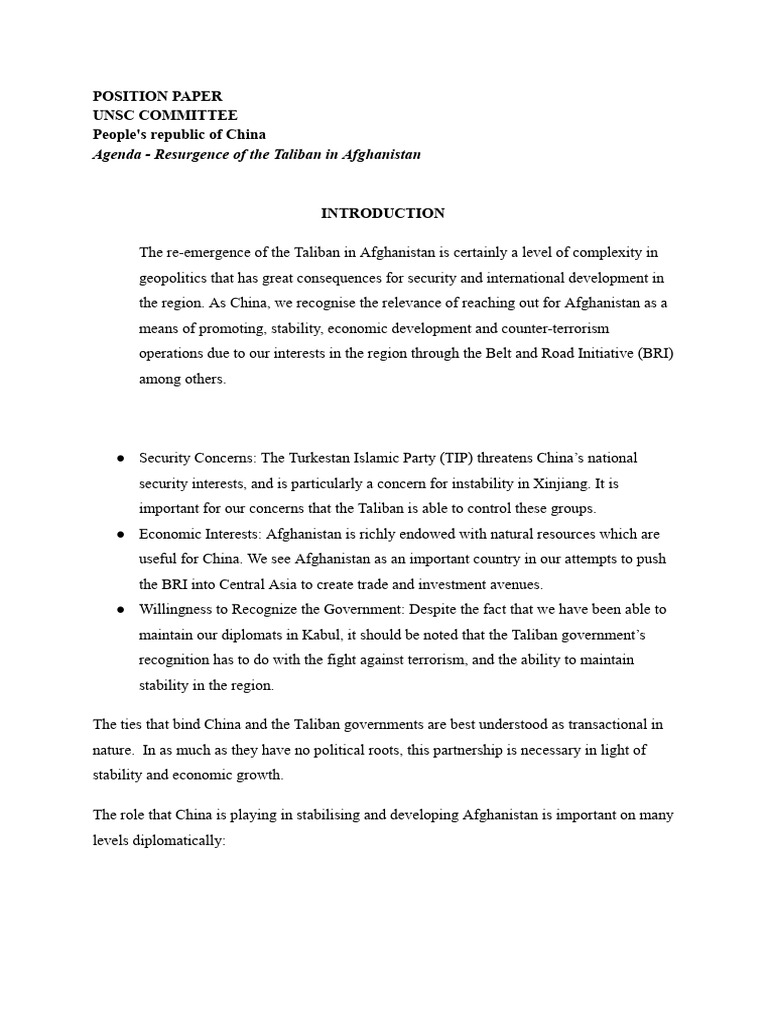 China - Position Paper - Unsc Committee | PDF | Afghanistan | Taliban