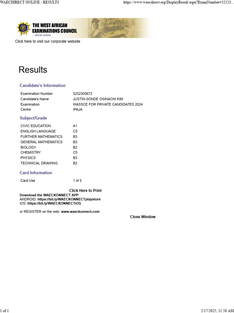 Osinachi's Gce Waecdirect Online - Results | PDF