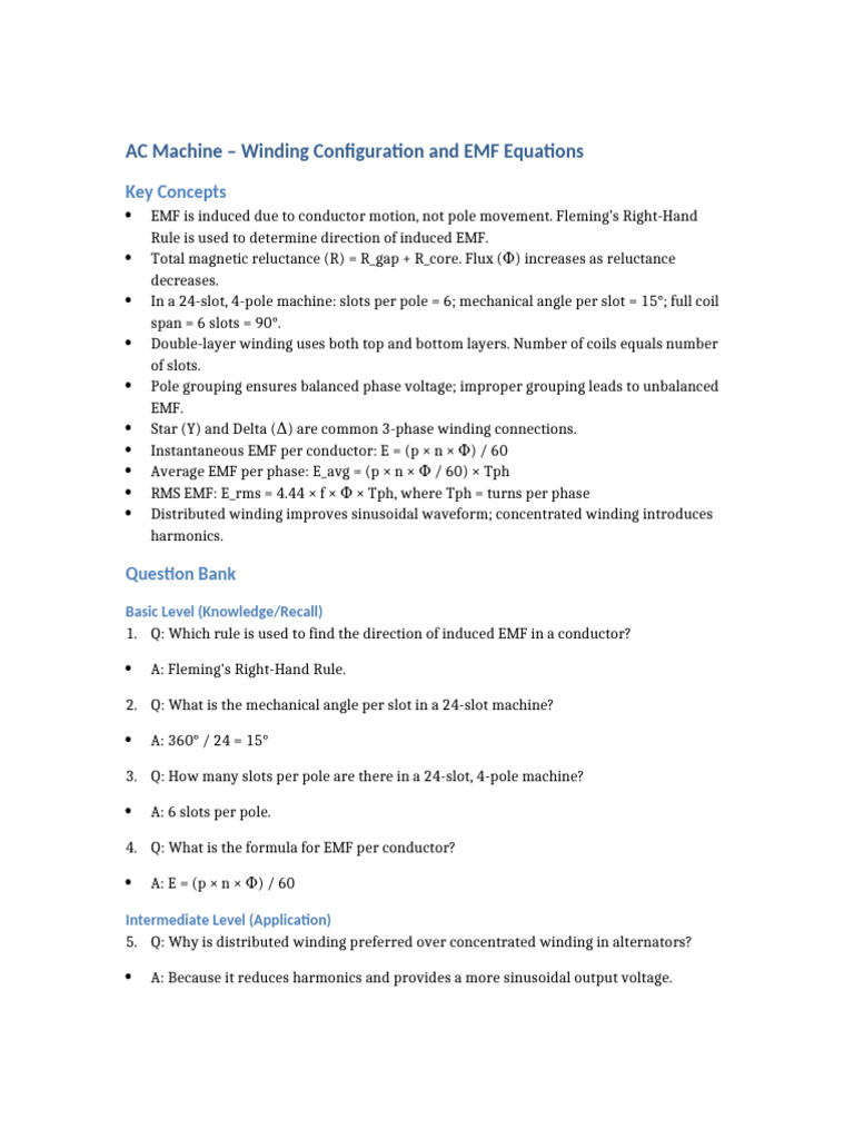 AC Machine Winding EMF Notes and Questions | PDF | Inductor | Phase (Waves)