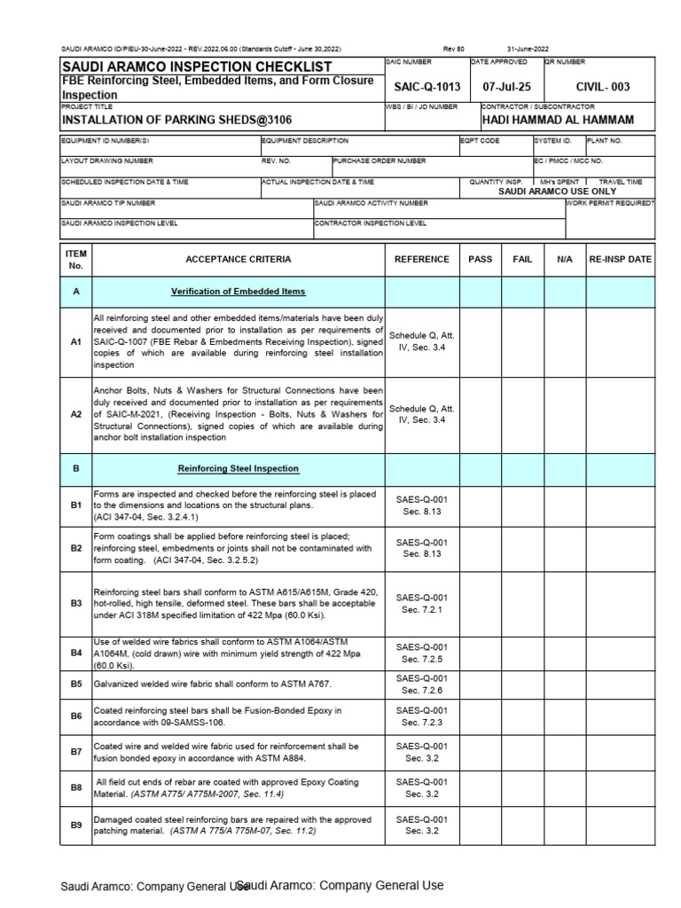 Saudi Aramco Reinforcing Steel Inspection Checklist | PDF | Materials ...