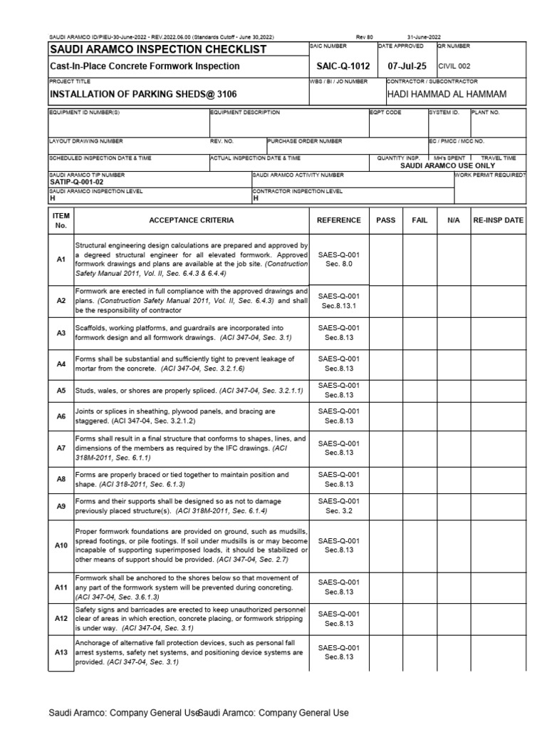 Saic Rfi 002 Form Work | PDF | Concrete | Civil Engineering
