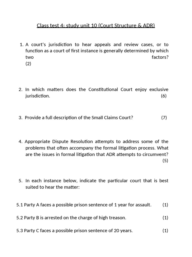 Class Test 4 (Unit 10 - Court Structure and ADR) | PDF