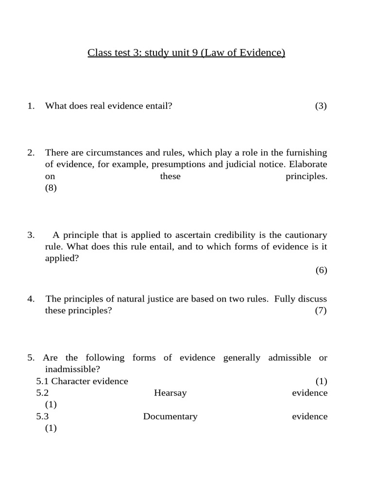 Class Test 3 (Unit 9 - Law of Evidence) | PDF
