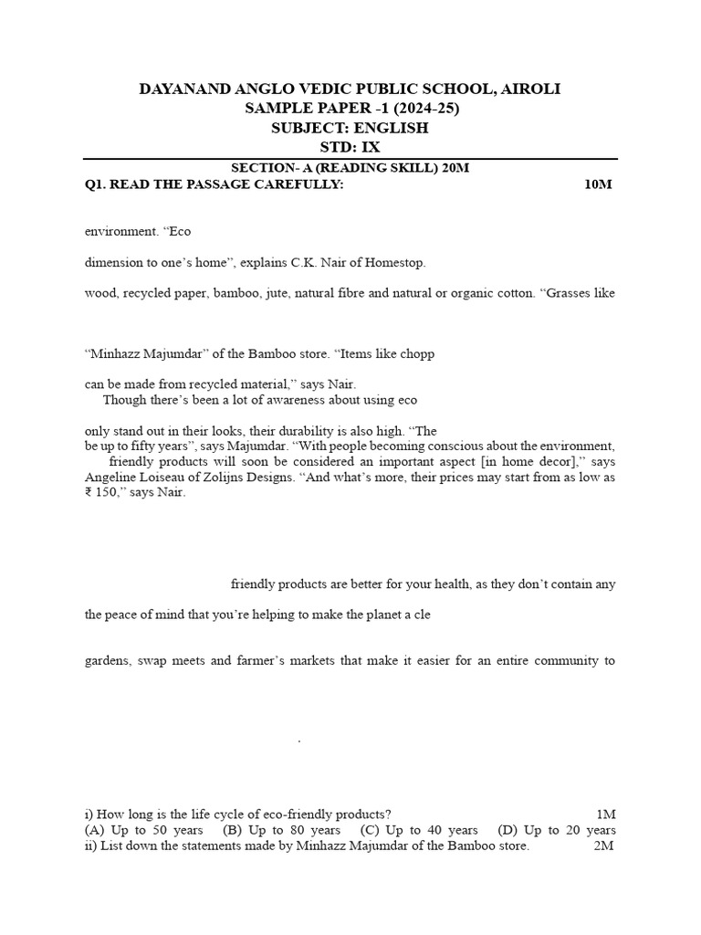 EXA - STD 9-English First Term Sample Paper | PDF | Waste | Poetry