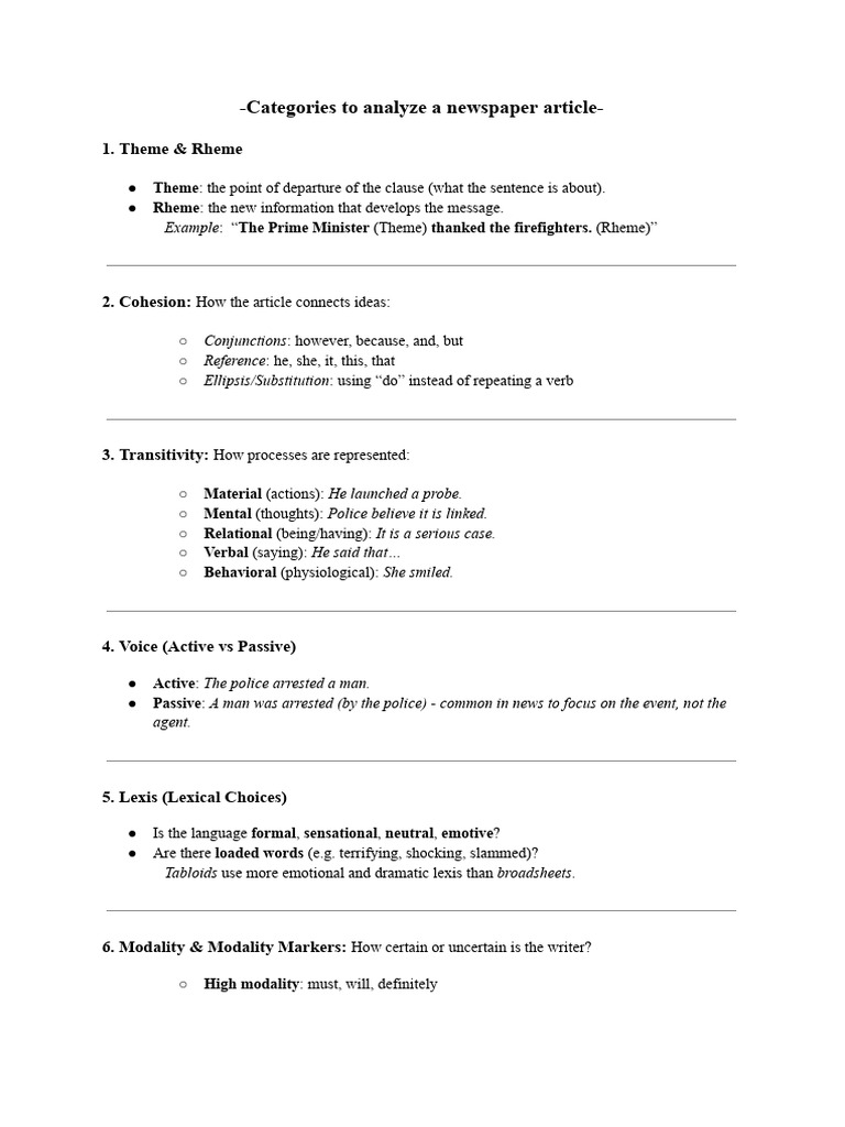 Categories To Analyze A Newspaper Article - 1 | PDF