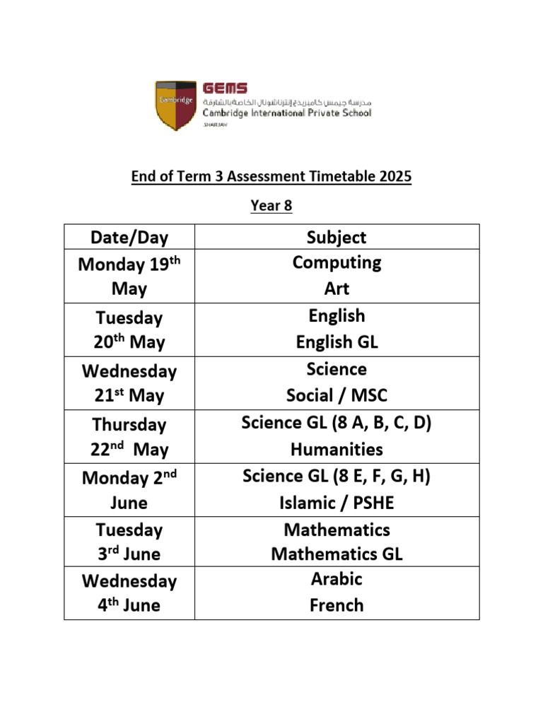 Year 8 End of Term 3 Assessment Timetable 2024 | PDF