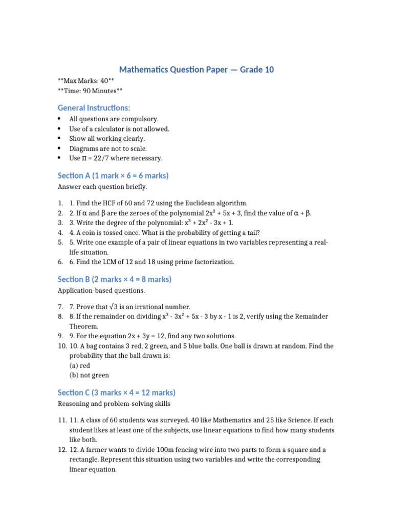 Grade10 Math Paper 40marks | PDF | Polynomial | Equations
