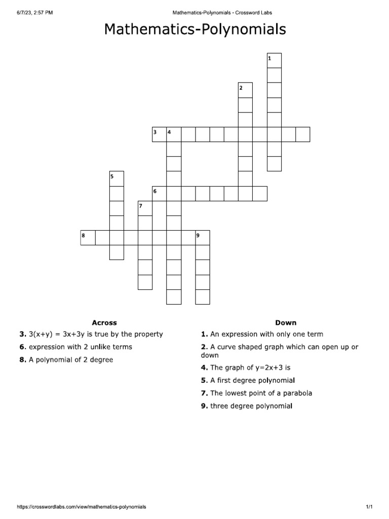 Crossword On Polynomials Class 10 Maths | PDF