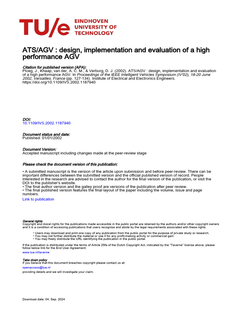 Ploeg 2002 ATSAGV Design Implementation and Evaluation of A High Performance AGV | PDF | Force ...
