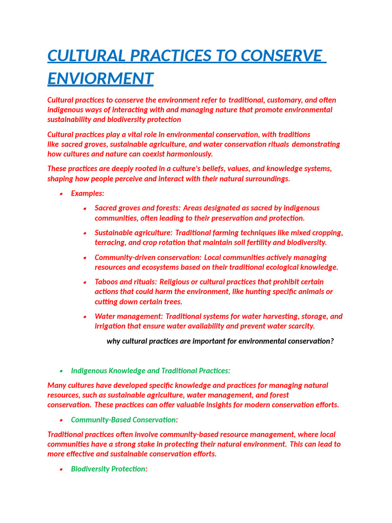 Cultural Practices To Conserve Enviorment | PDF | Conservation Biology ...