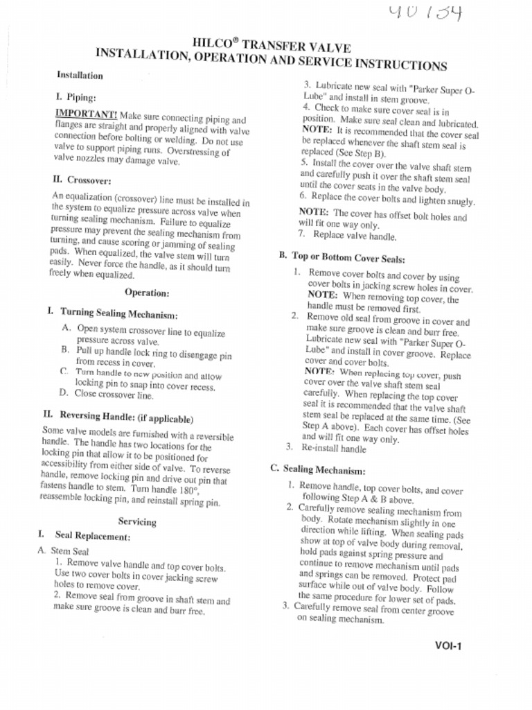 Hilco Transfer Valve Iom | PDF