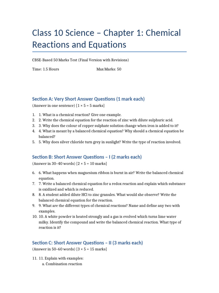 Class 10 Chemical Reactions Test | PDF | Chemical Reactions | Redox