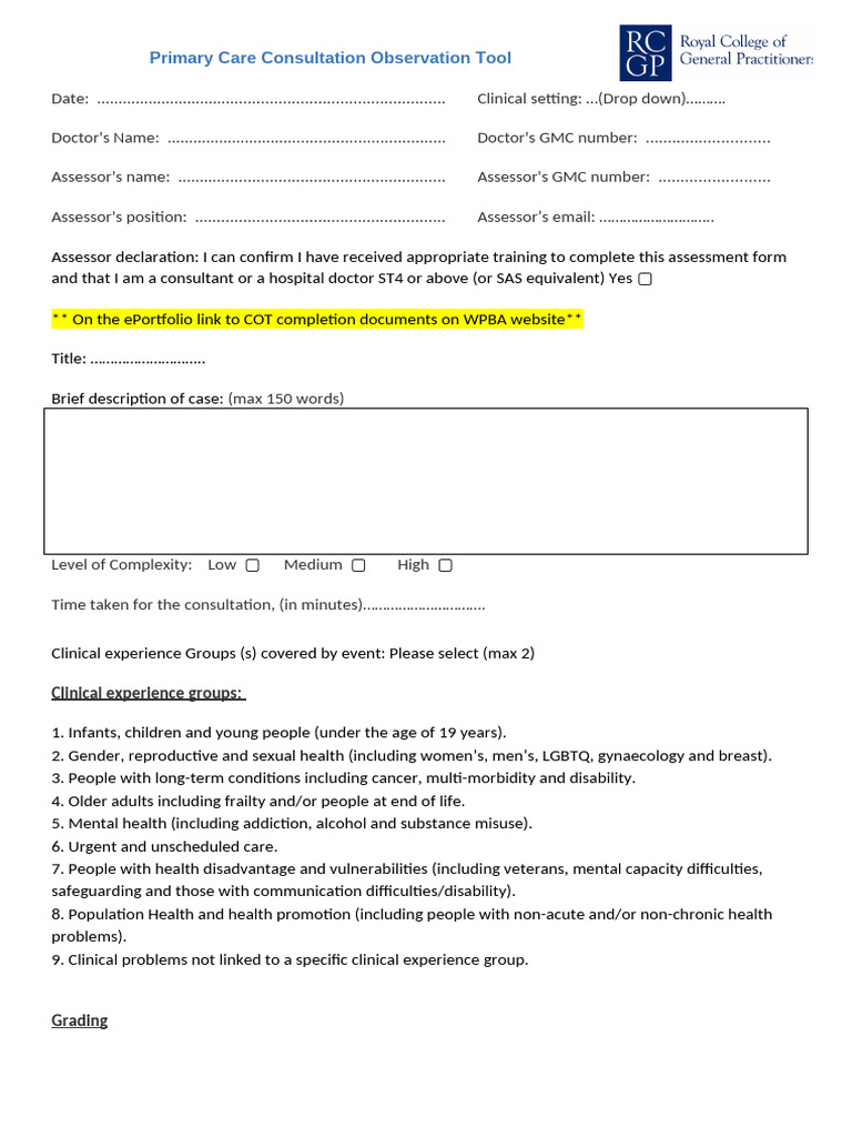 Primary Care COT Form 220220 | PDF | Medical Diagnosis | Health Care