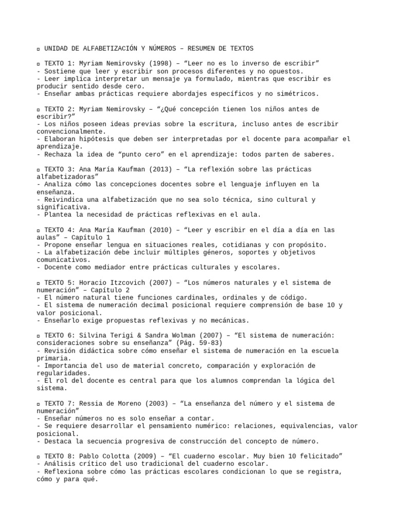 Resumen Textos Alfabetizacion y Matematica | PDF | Literatura | Enseñando