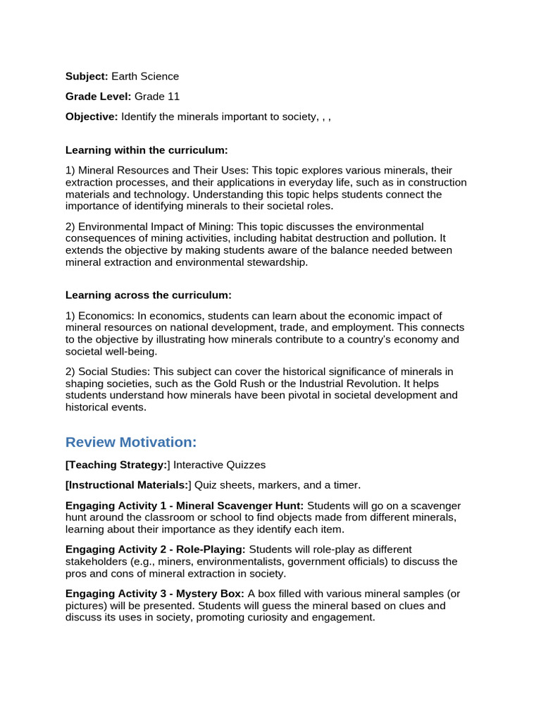 Lesson - Plan - Earth Science | PDF | Mining | Community