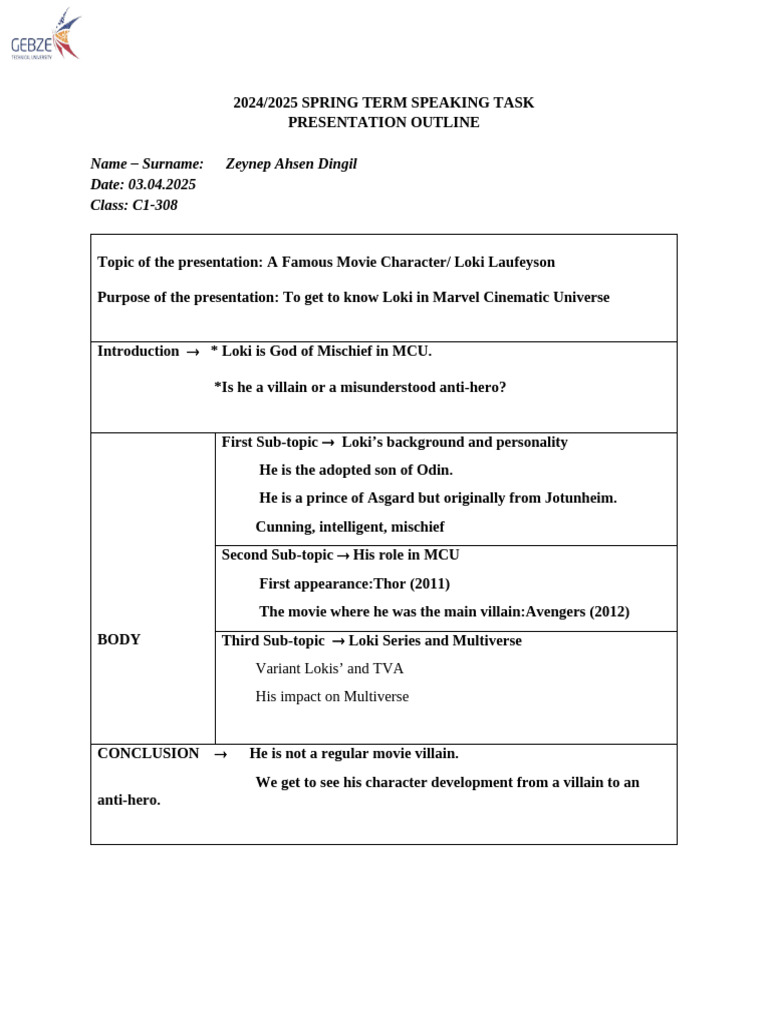 Spring Term Speaking Task Outline Sheet | PDF