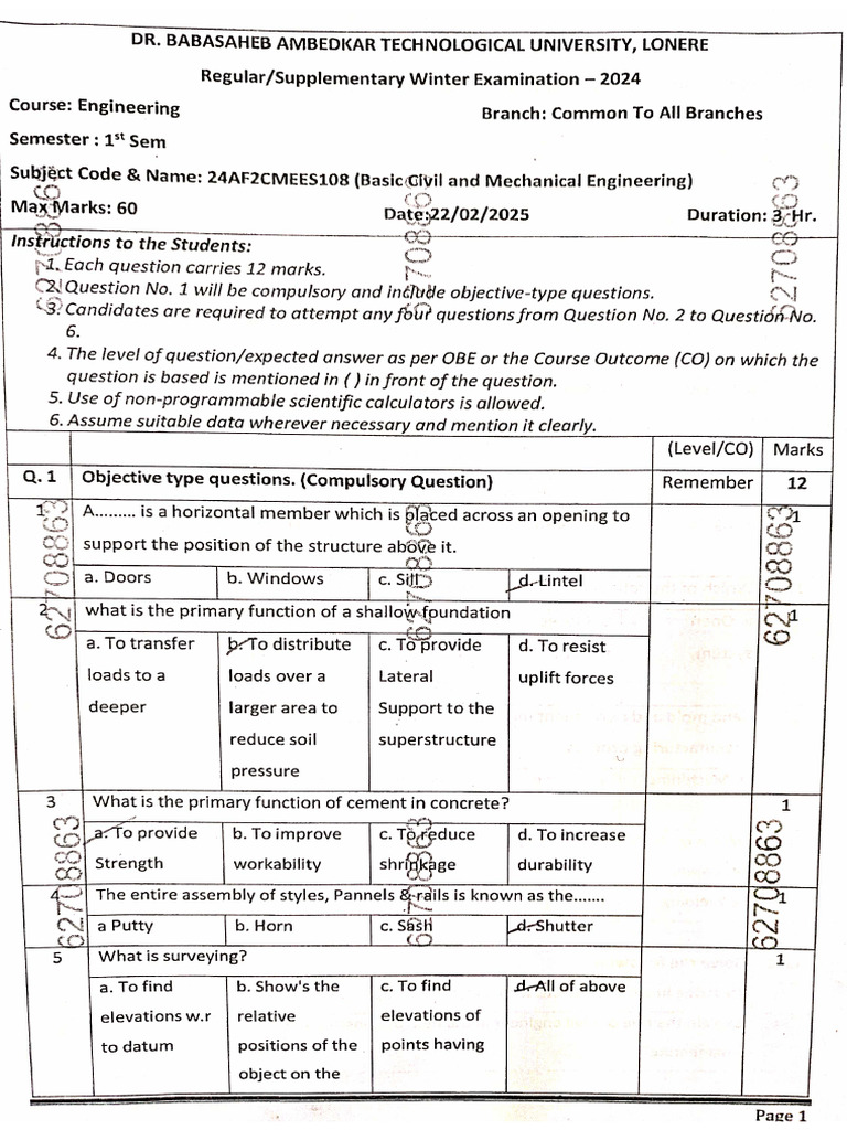 Sem 1 Question Paper | PDF