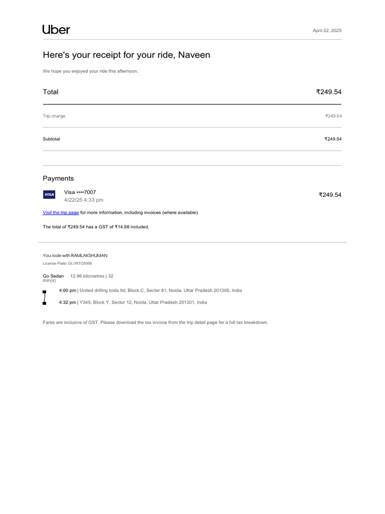 Here's Your Receipt For Your Ride, Naveen: Total 249.54 | PDF