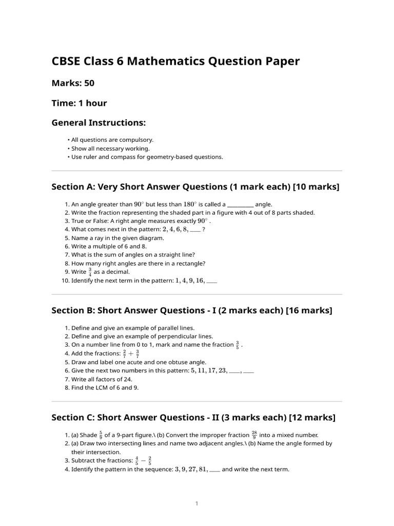 Class 6 Maths Test (30!06!2025) | PDF | Angle | Numbers