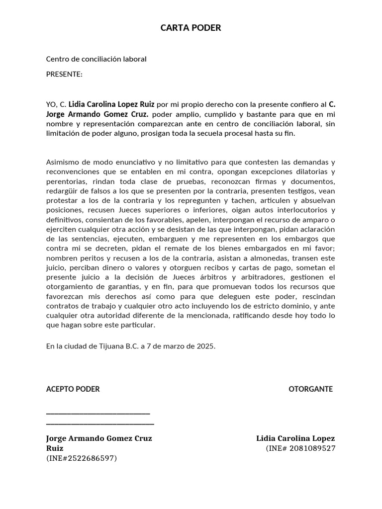 Carta Poder Laboral Otorgada Por Un Trabajador | PDF