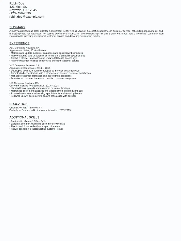 Appointment Setter Resume Sample Template1 | PDF