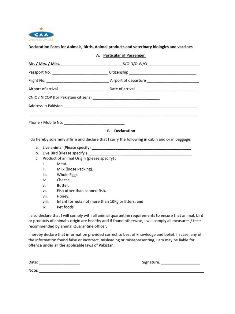 Declaration Form For Animals | PDF