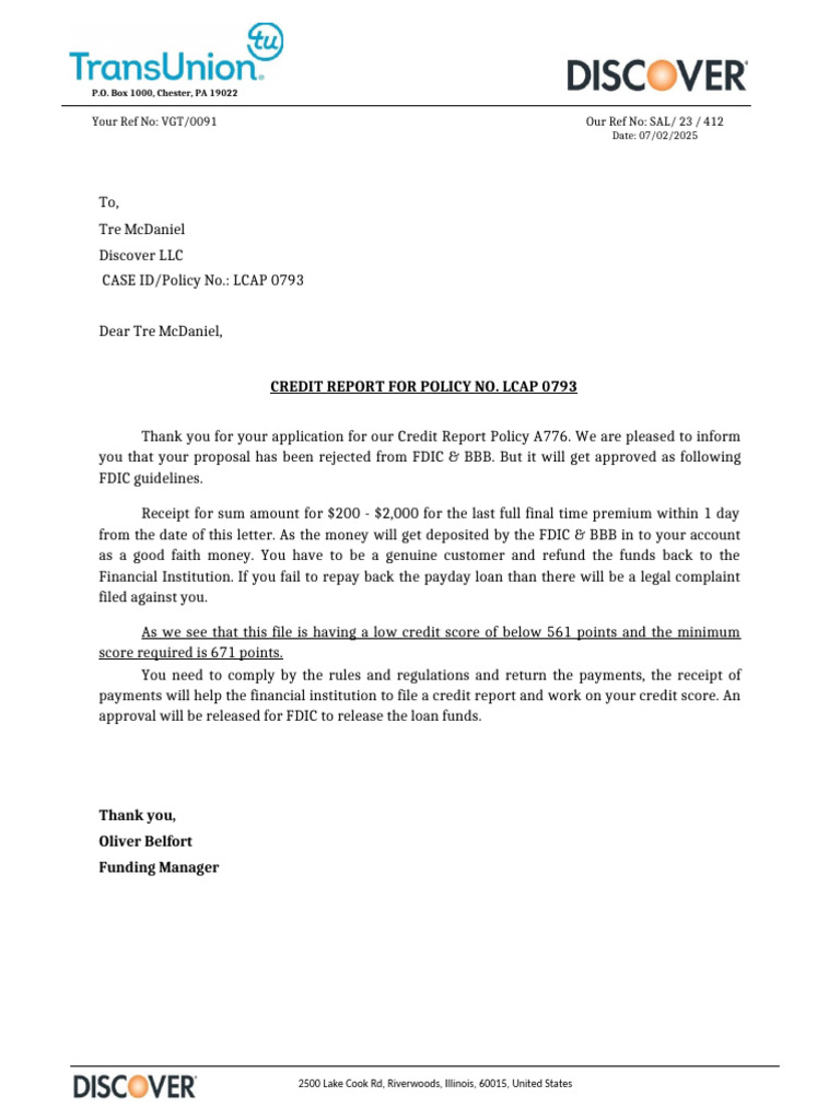 Credit Report Policy Rejection Notice | PDF