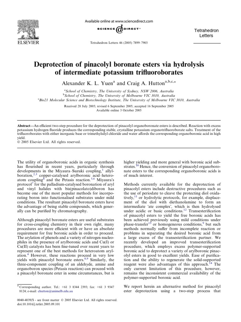 Deprotection of Pinacolyl Boronate Esters | PDF | Hydroxide | Ester