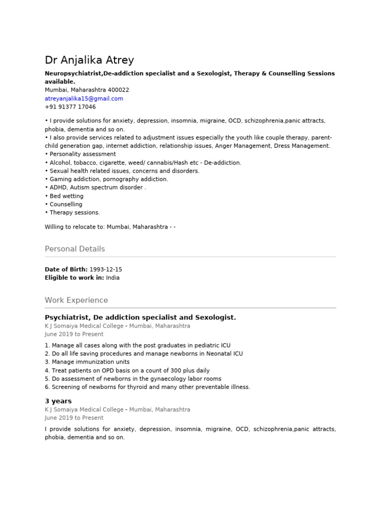 DR Anjalika Atrey Resume Indeed | PDF | Mental Disorder | Obsessive ...