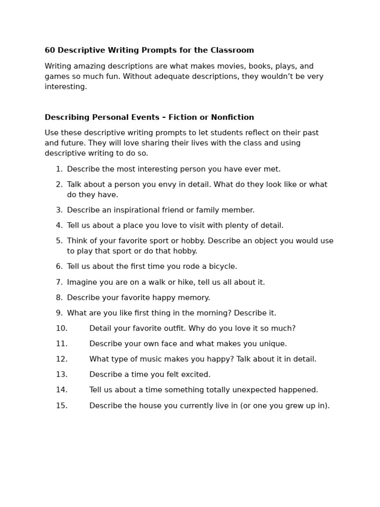 Descriptive Writing Prompts For Grade 6 | PDF