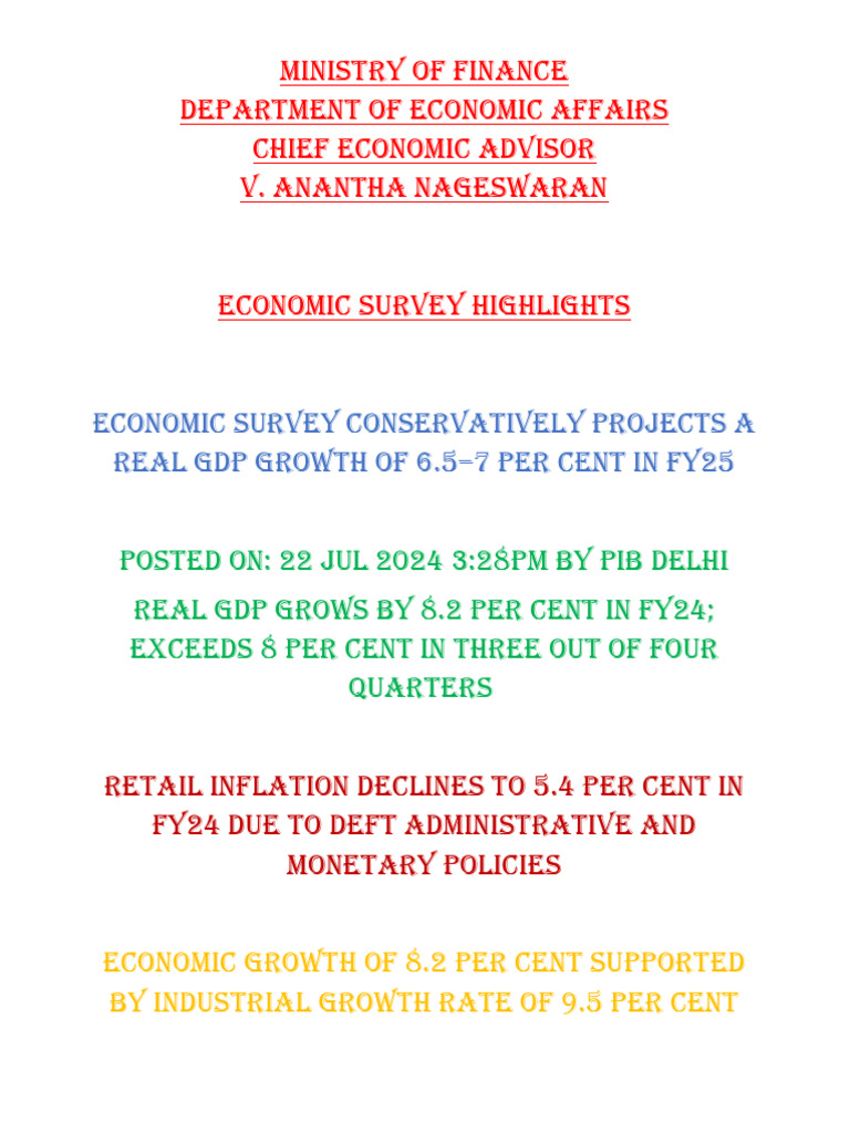 Economic Survey 2023-24 Highlights | PDF | Inflation | Climate Change ...