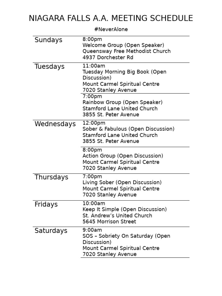 AA Schedule - Niagara Falls | PDF