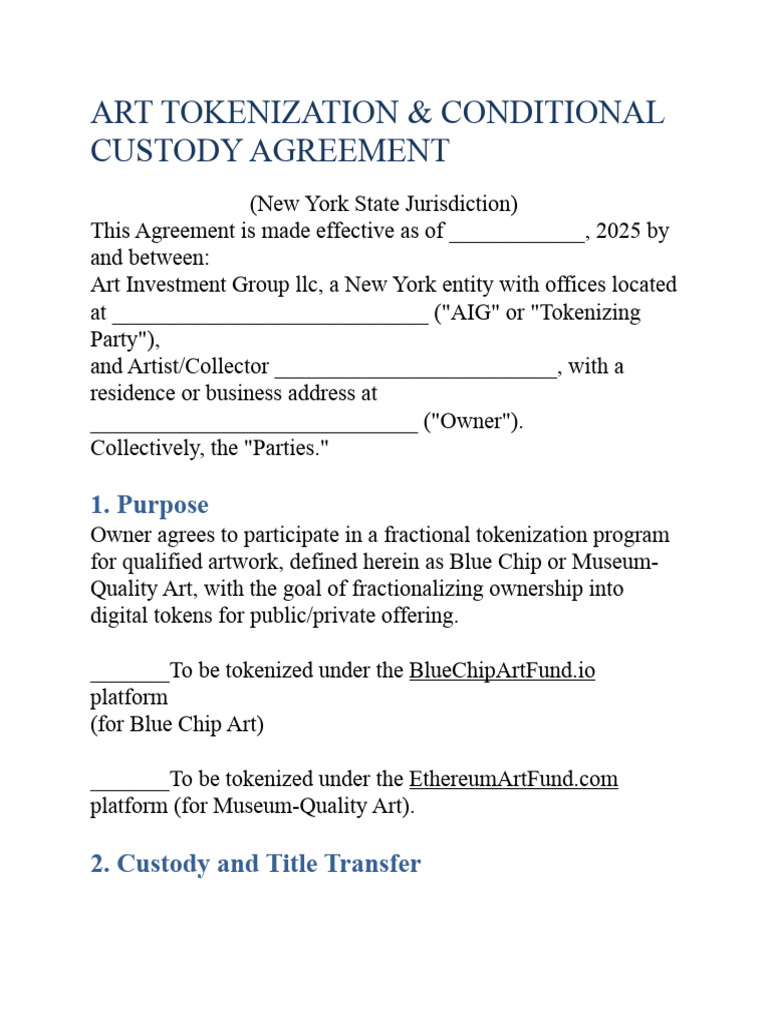 Art Tokenization & Conditional Custody Agreement: 1. Purpose | PDF | American International ...