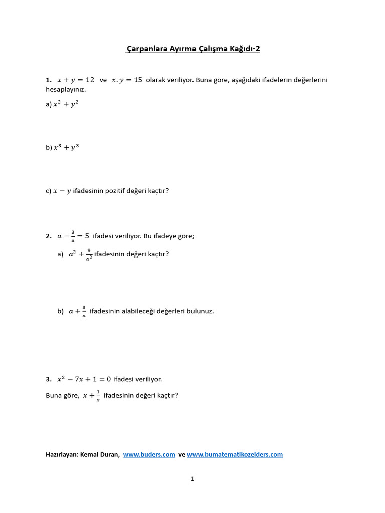 10.sinif Carpanlara Ayirma Calisma Sorulari 2 | PDF