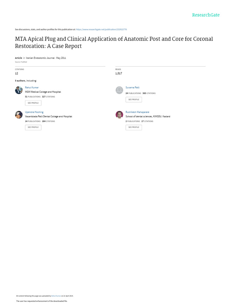 MTA Apical Plug and Clinical Application of Anatom | PDF | Dentistry | Dentistry Branches