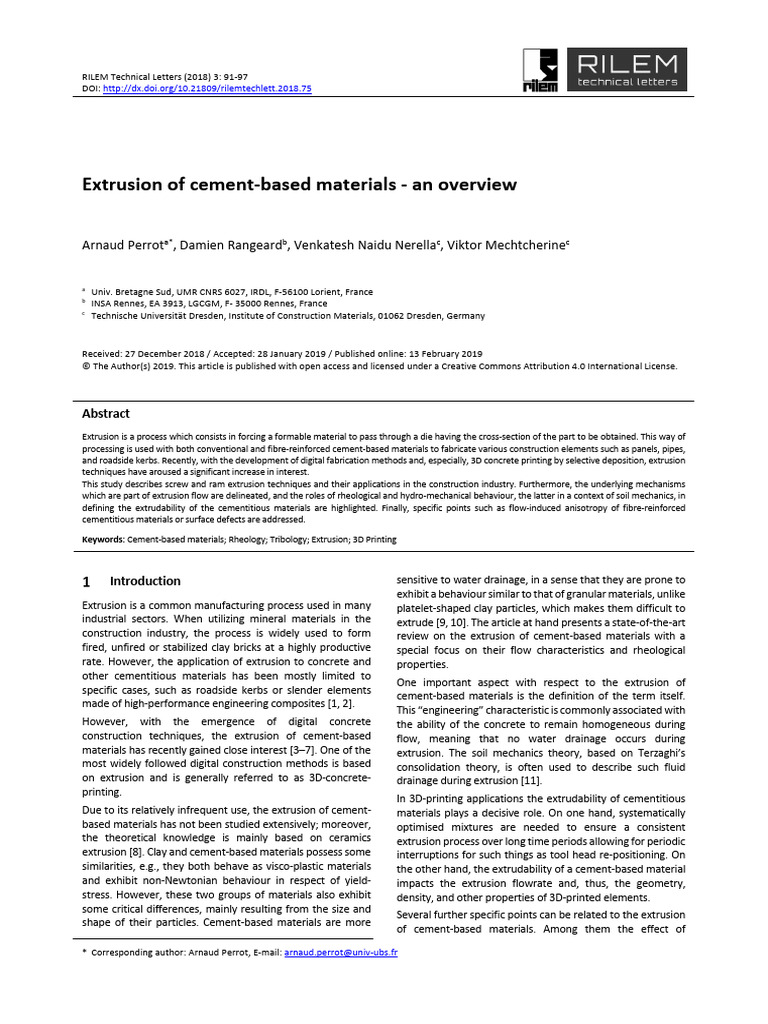 Extrusion of Cement-Based Materials-An Overview | PDF | Extrusion ...
